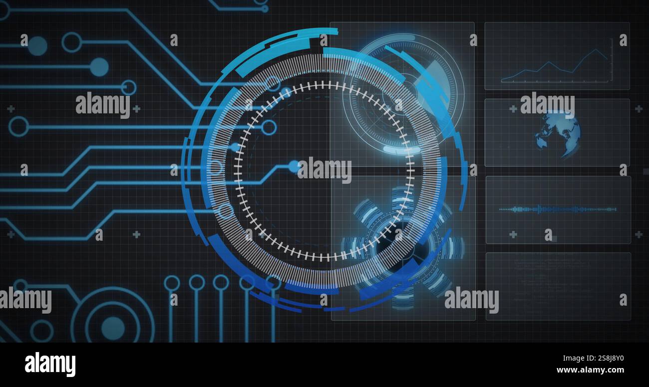 Image of motherboard network and circular scanner processing, over charts and globe on black ...