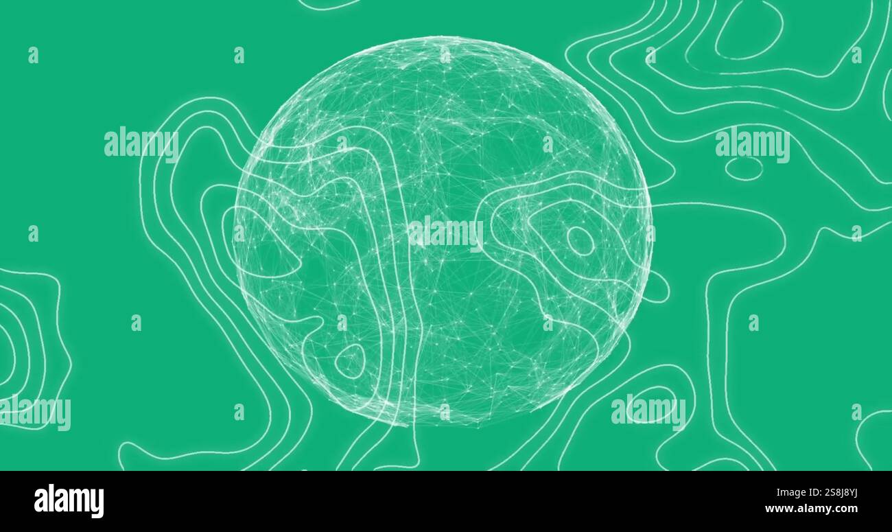 Image of glowing globe and white lines moving on seamless loop on green ...