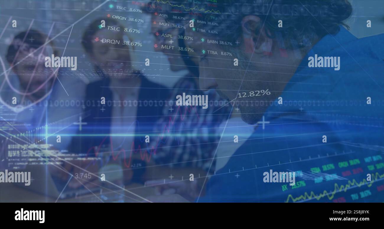 Image of data processing and diagrams over diverse business people ...