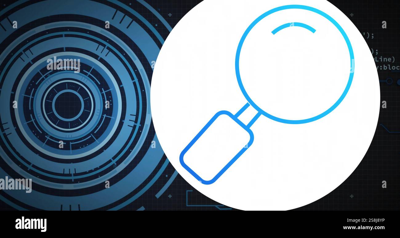 Image of data processing over blue circular scanners and search icon on ...