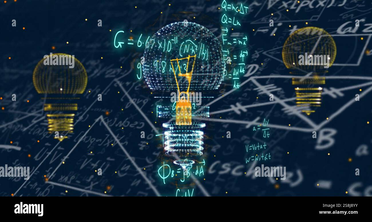 Image of light bulbs over mathematical equations on blue background ...