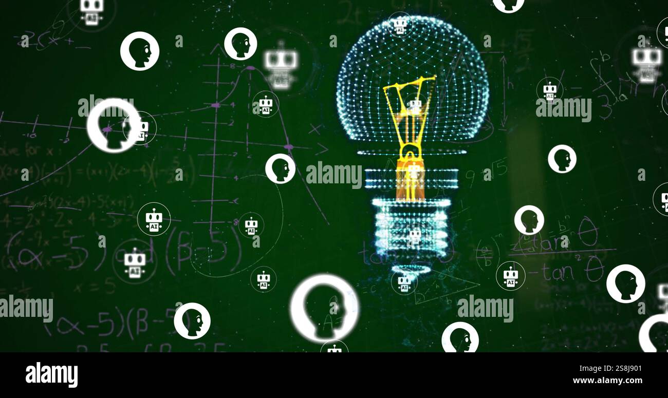 Image of light bulb with icons over mathematical equations on green ...