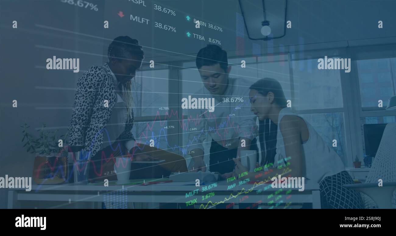 Image of data processing and diagrams over diverse business people ...