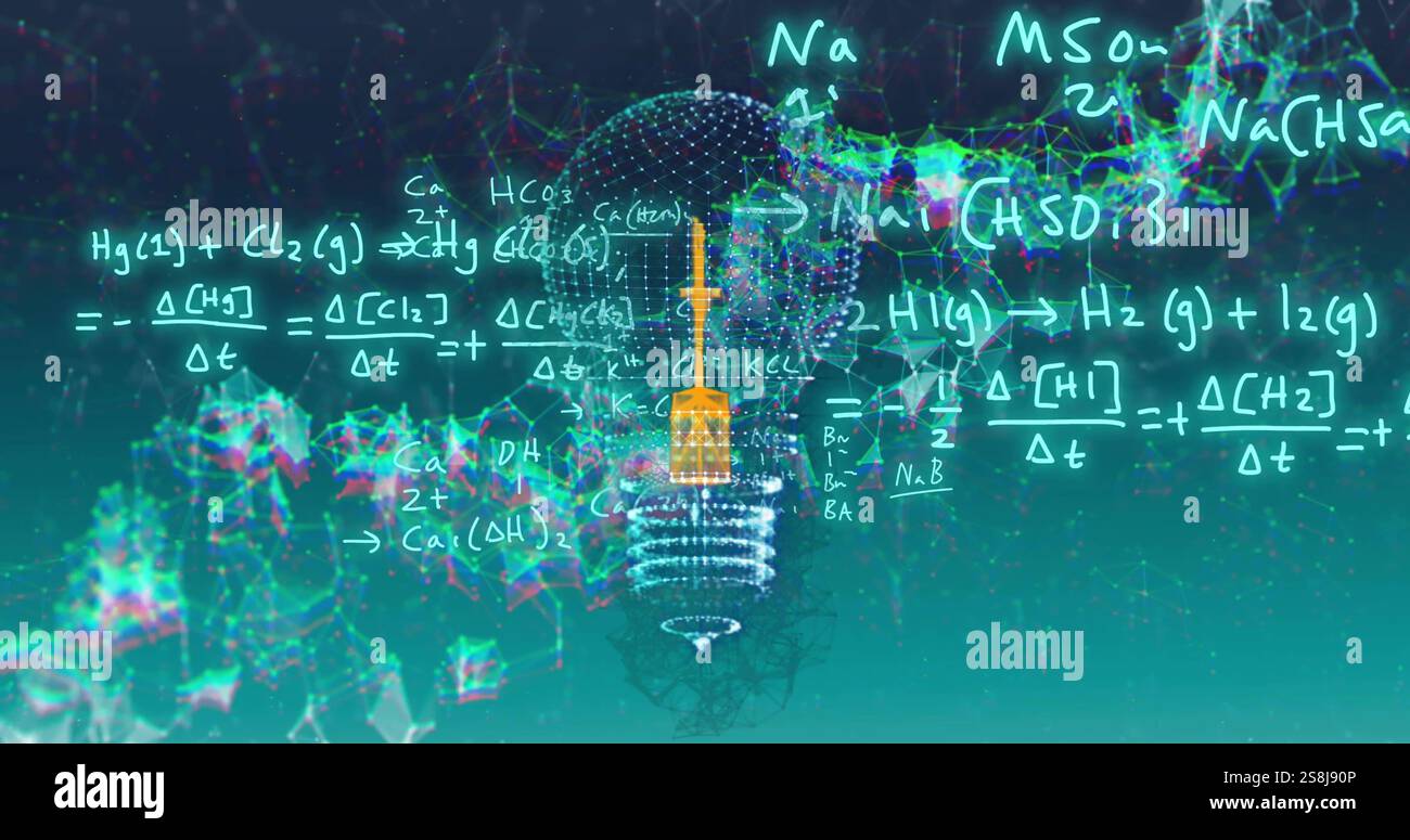 Image of light bulb with network of connections over mathematical ...