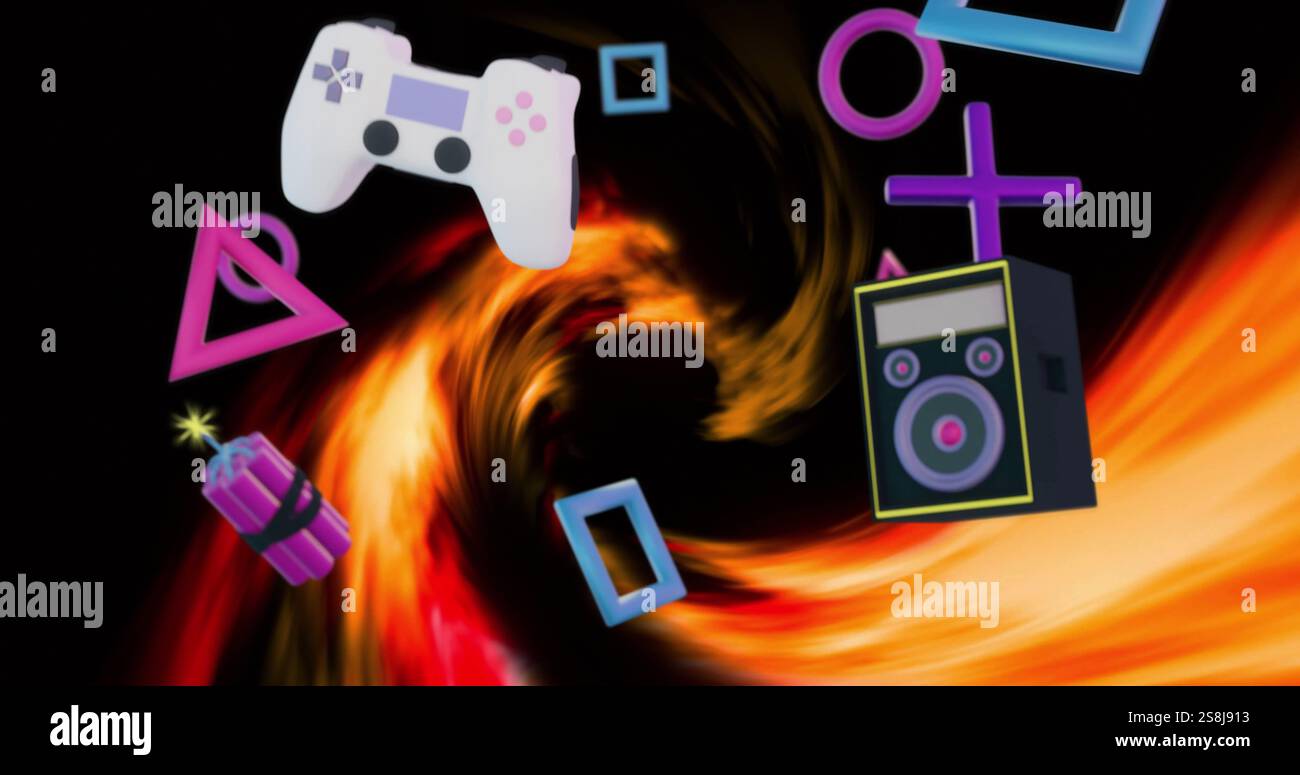 Game controller, dynamite, and geometric shapes image over swirling ...