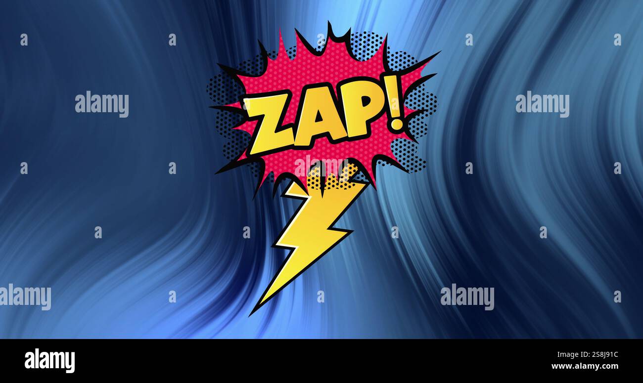 Image of zap text on explosion bolt over moving blue soft glowing swirl ...