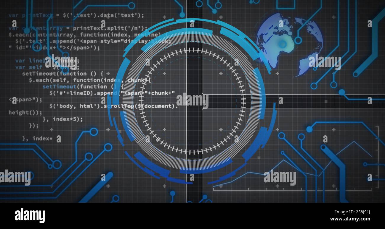 Image of data processing over blue motherboard network, circular scanner and globe Stock Photo ...