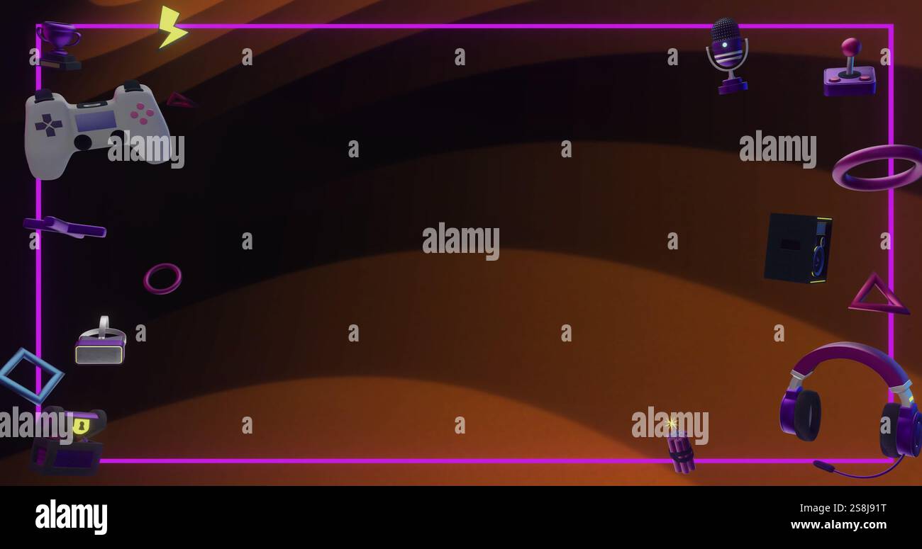 Image of game controllers, shapes, icons and pink frame over flashing ...