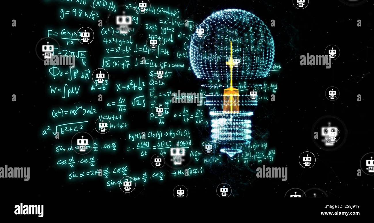 Image of light bulb with ai icons over mathematical equations on blue ...