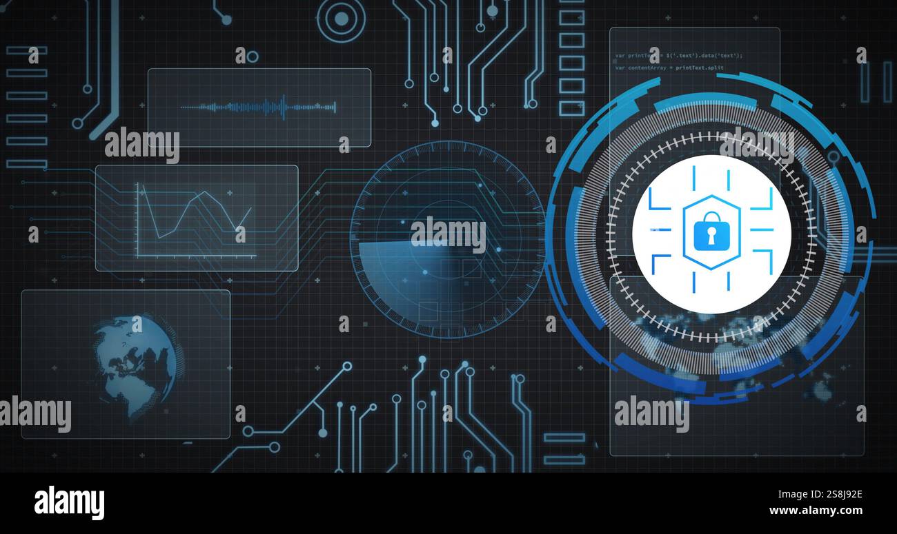 Image of network and circular scanner with padlock icon and charts ...