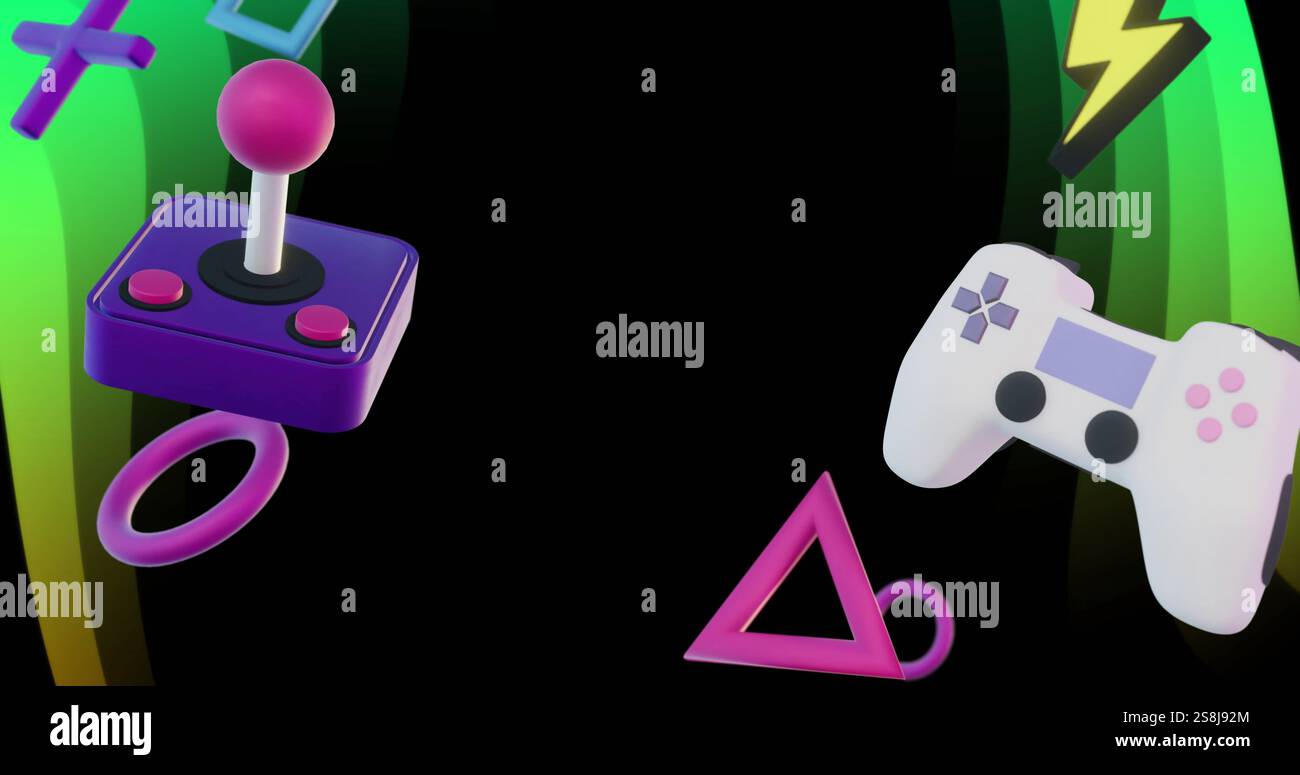 Retro gaming joystick and controller image over colorful wave ...