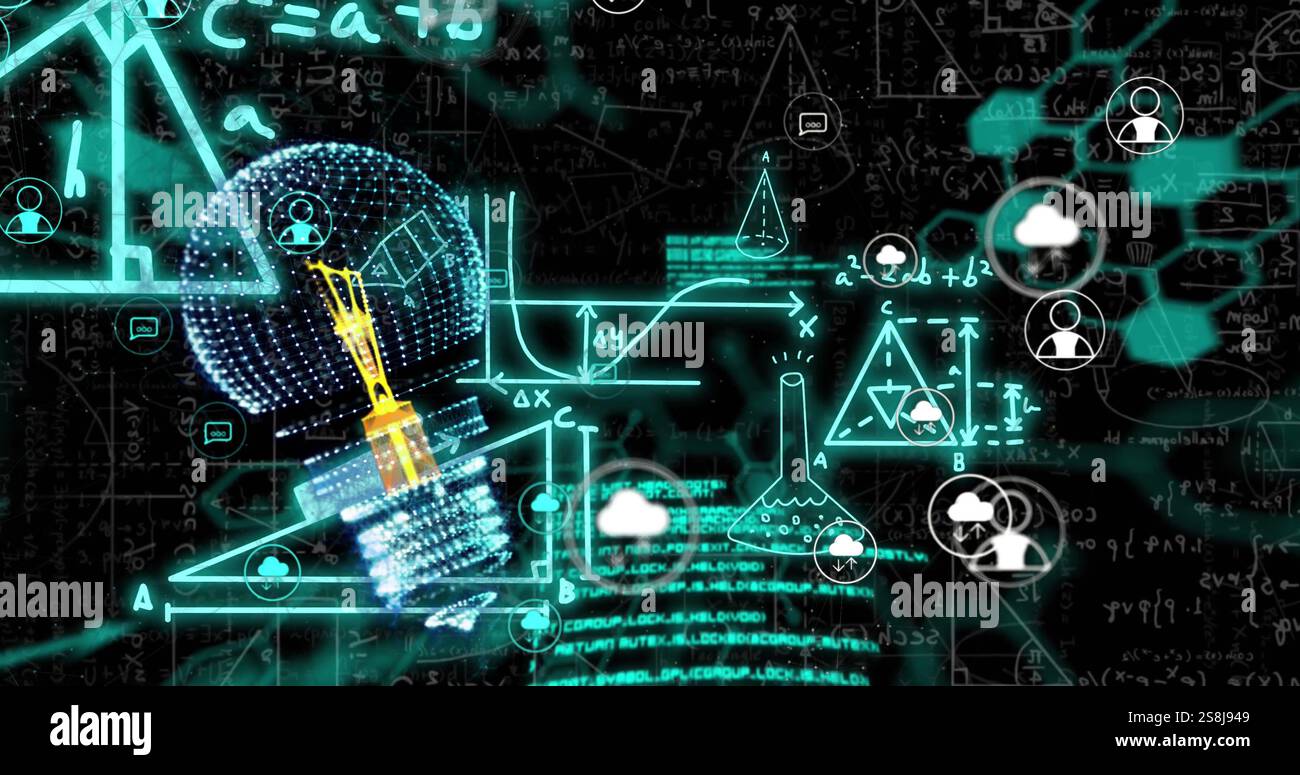 Image of light bulb with icons over mathematical equations on blue ...