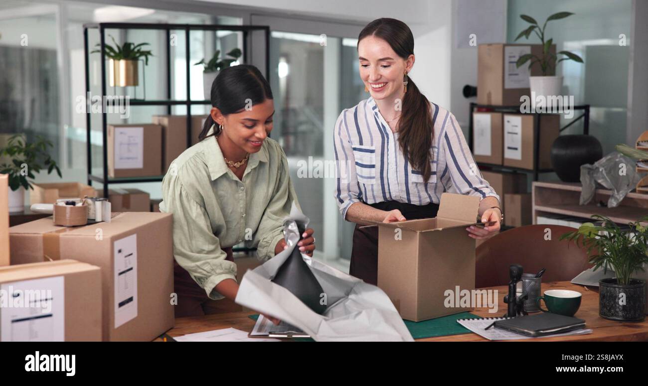 Shipping, entrepreneur and people with boxes, packaging and preparing order for delivery in ...