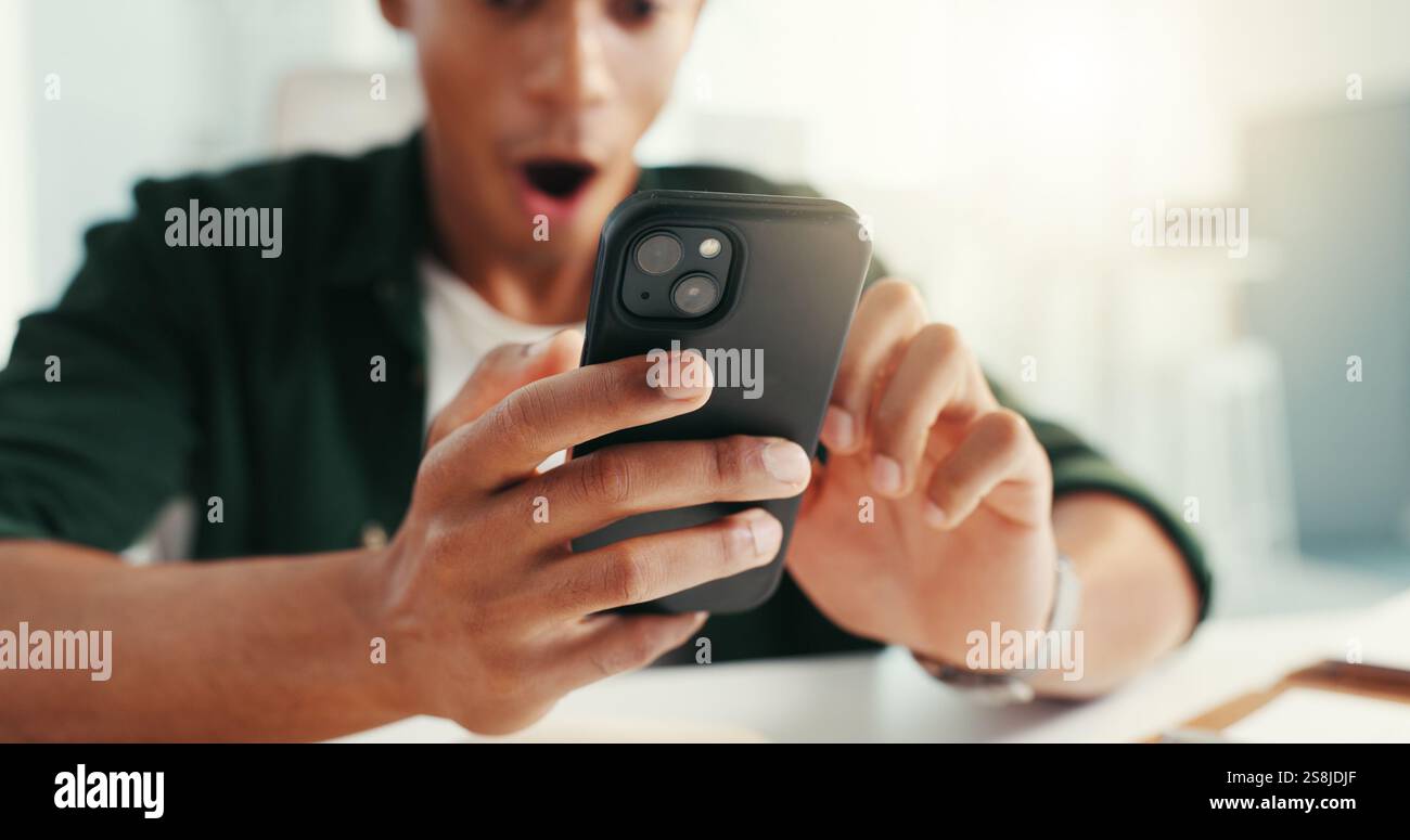 Surprise, phone and hands of business man in office with online winning ...