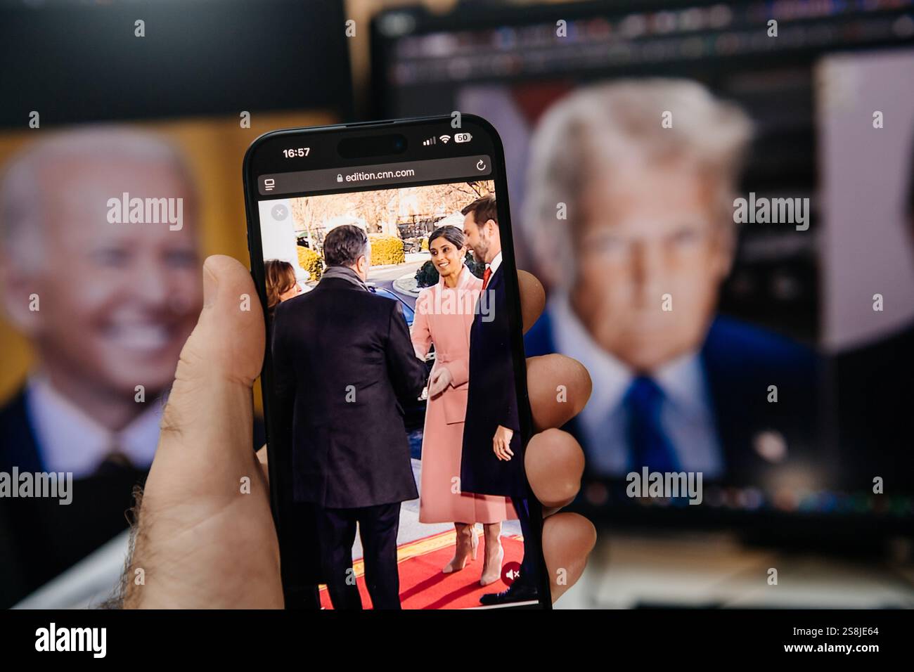 Paris, France - Jan 20, 2025: Usha Vance is seen warmly greeting Doug ...