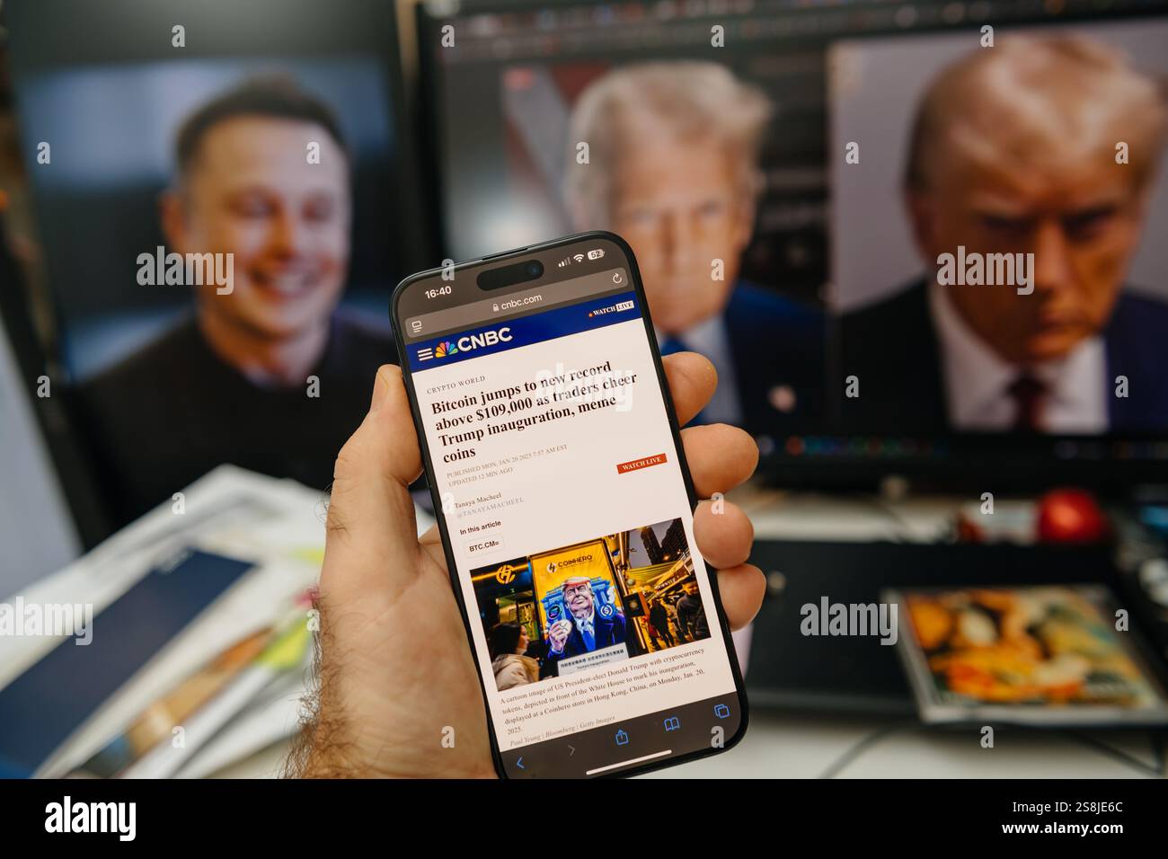 Paris, France - Jan 20, 2025: CNBC coverage displayed on a smartphone ...