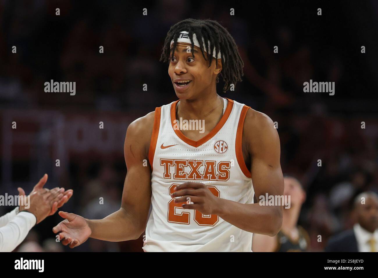 AUSTIN, TX - JANUARY 21: Texas Longhorns guard Tre Johnson (20) smiles ...