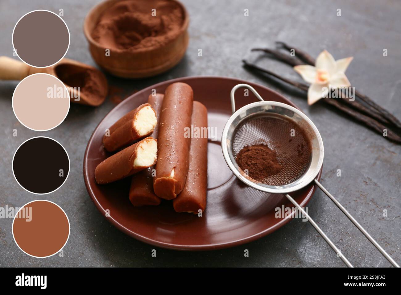 Plate with glazed curd bars and powdered coffee on grunge background ...