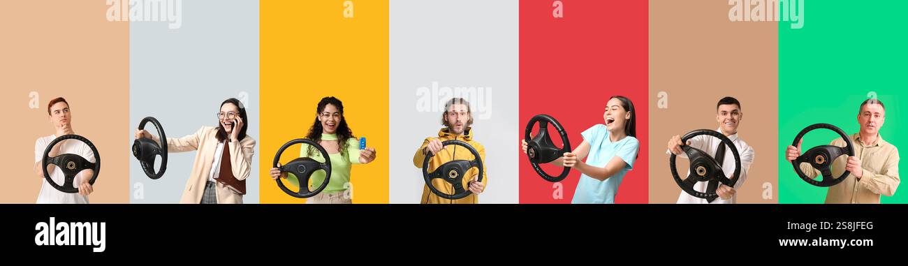 Set of many people with steering wheels on color background Stock Photo ...