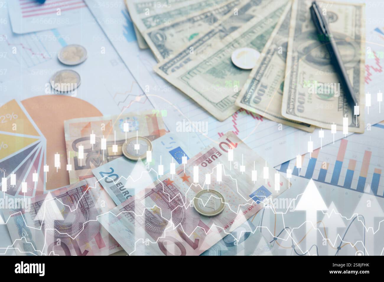 Different banknotes with coins and diagrams on virtual screen. Exchange ...