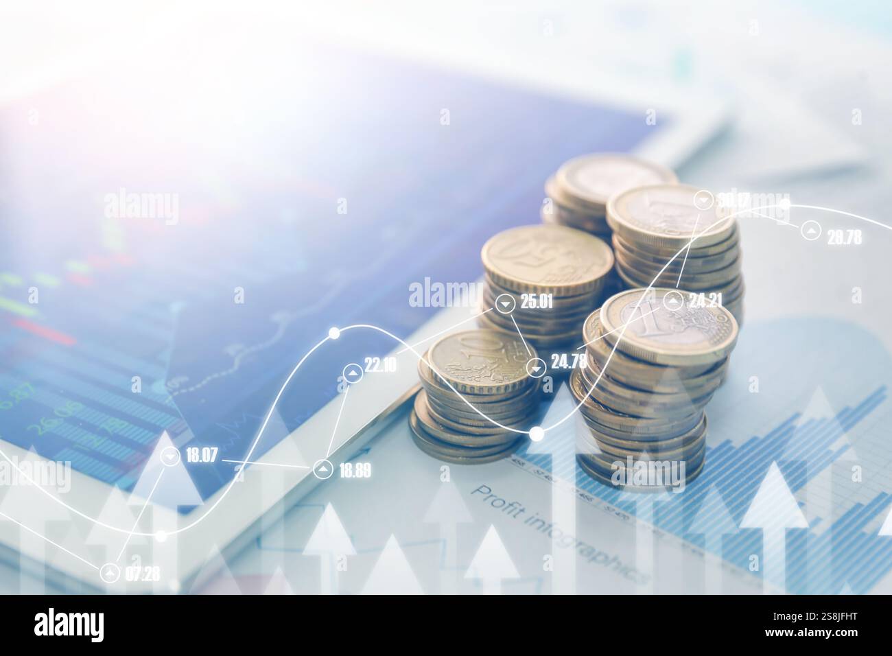 Stacks of coins and diagrams on virtual screen. Exchange rate concept ...