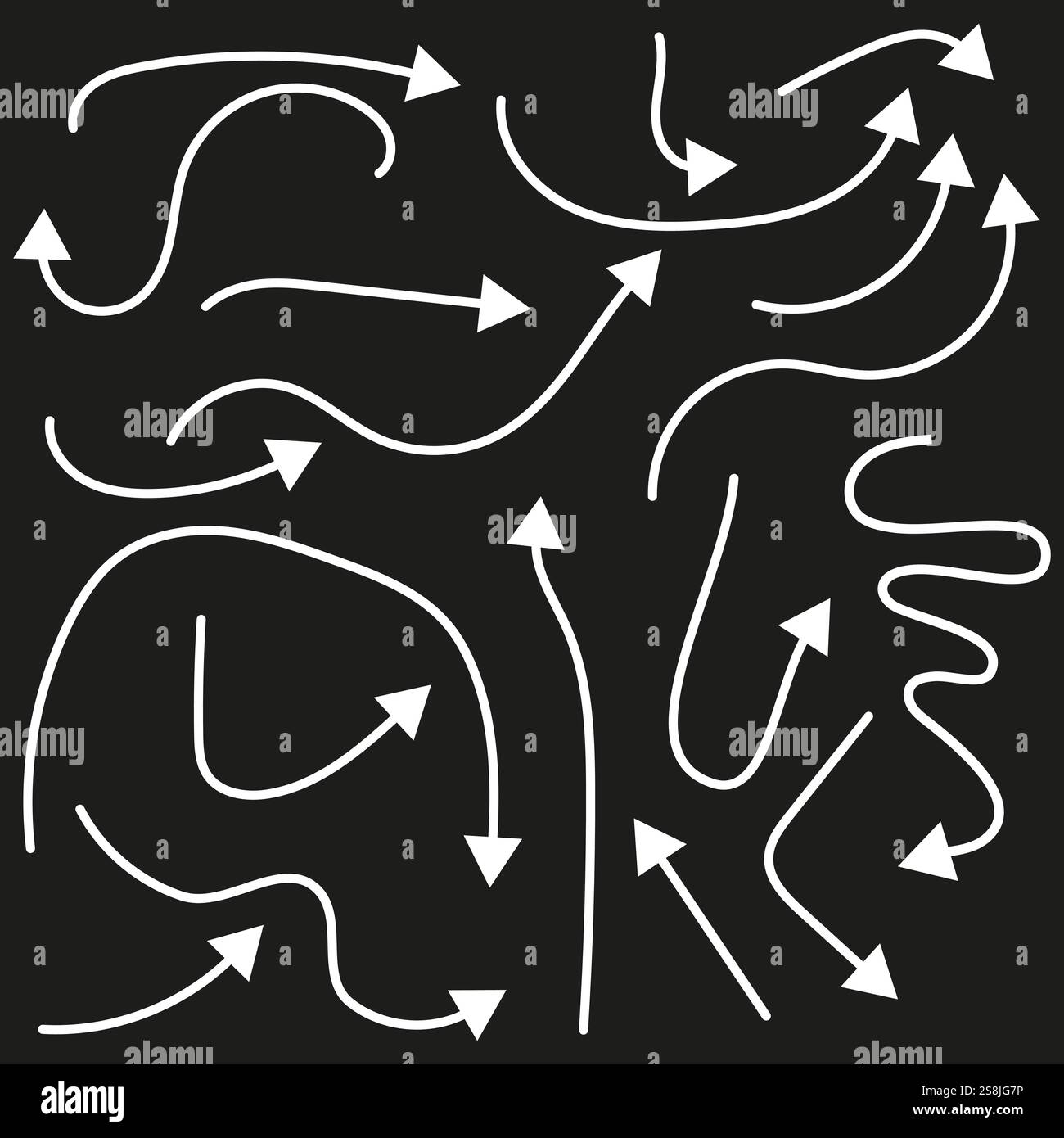 Curved white arrows. Directional graphic pattern. Black background vector. Dynamic motion symbol ...