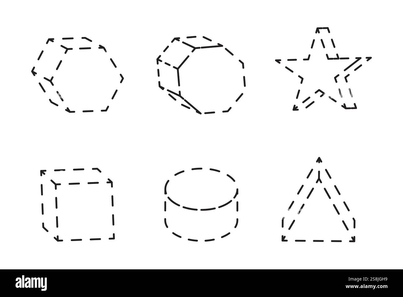 Dashed geometric shapes. Hexagon star cube triangle. Minimal outline ...
