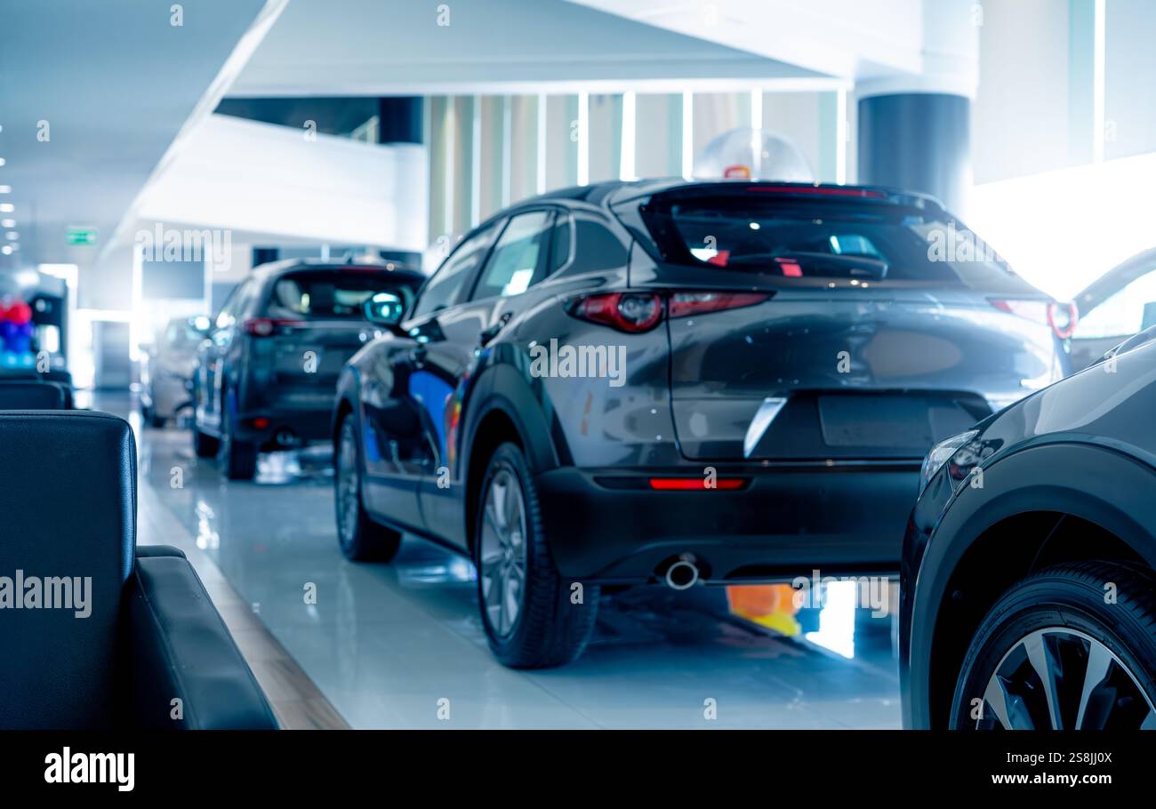 Car parked in luxury showroom. Car dealership office. Car showroom ...