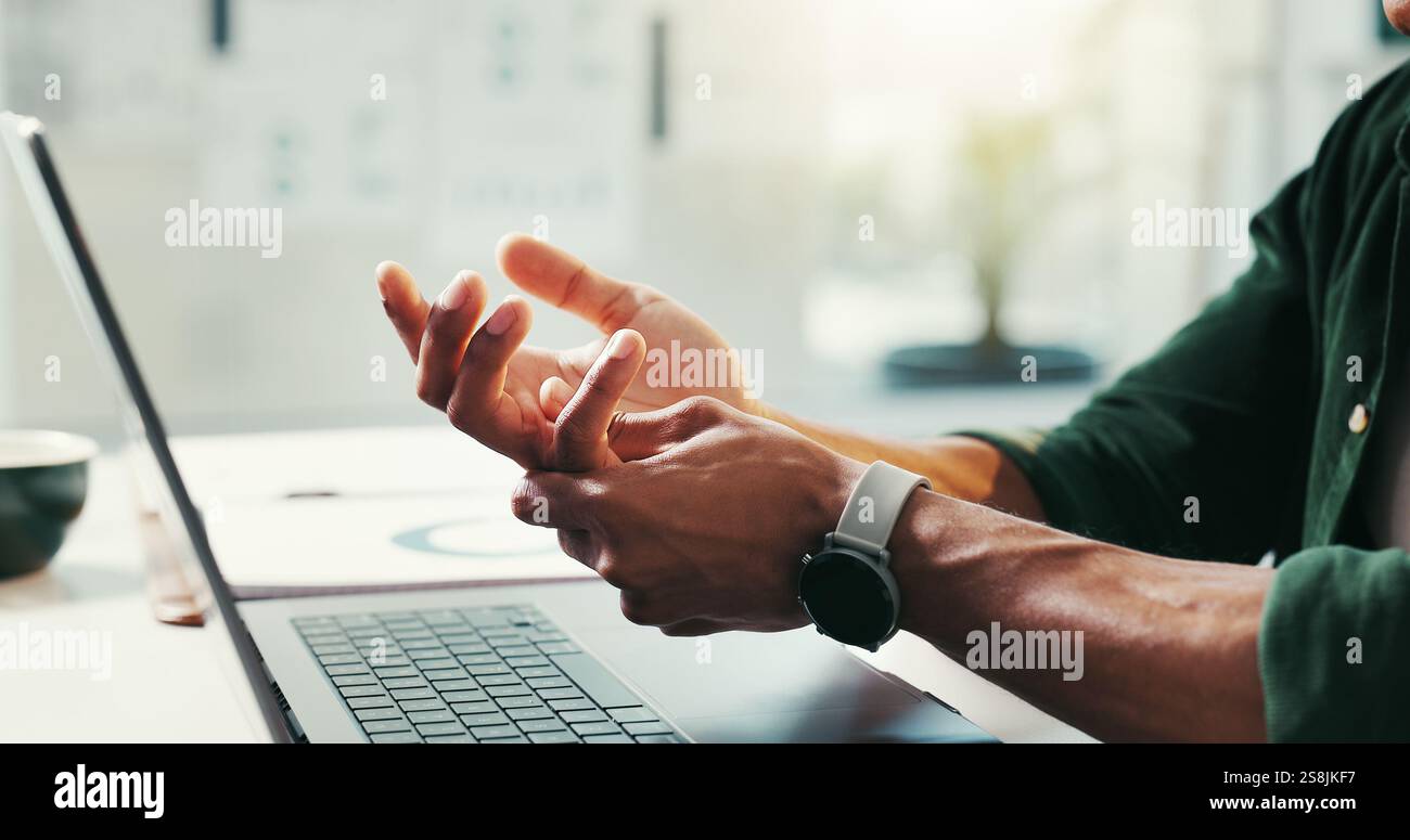 Man, hand pain and typing injury in office, laptop and carpal tunnel ...