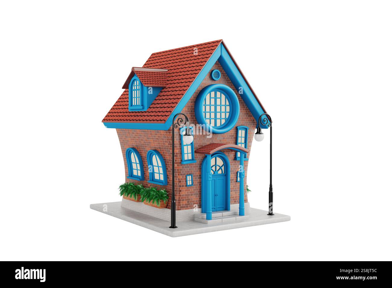 Cute Cartoon Stylized Red Brick House on a white background. 3d ...