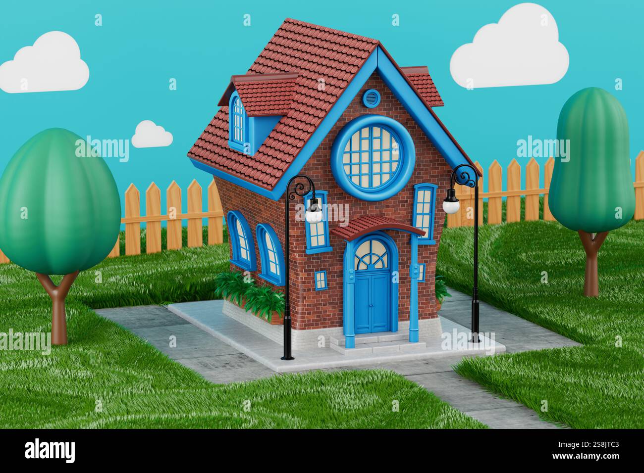 Cute Cartoon Stylized Red Brick House in Green Grass Garden on a blue ...