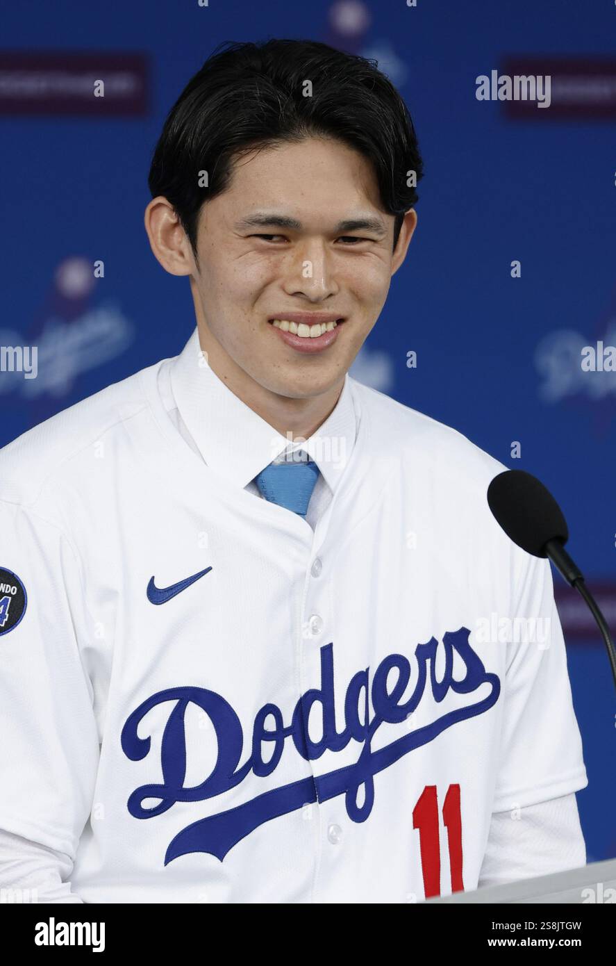 Japanese pitcher Roki Sasaki meets the press in Los Angeles on Jan. 22 ...