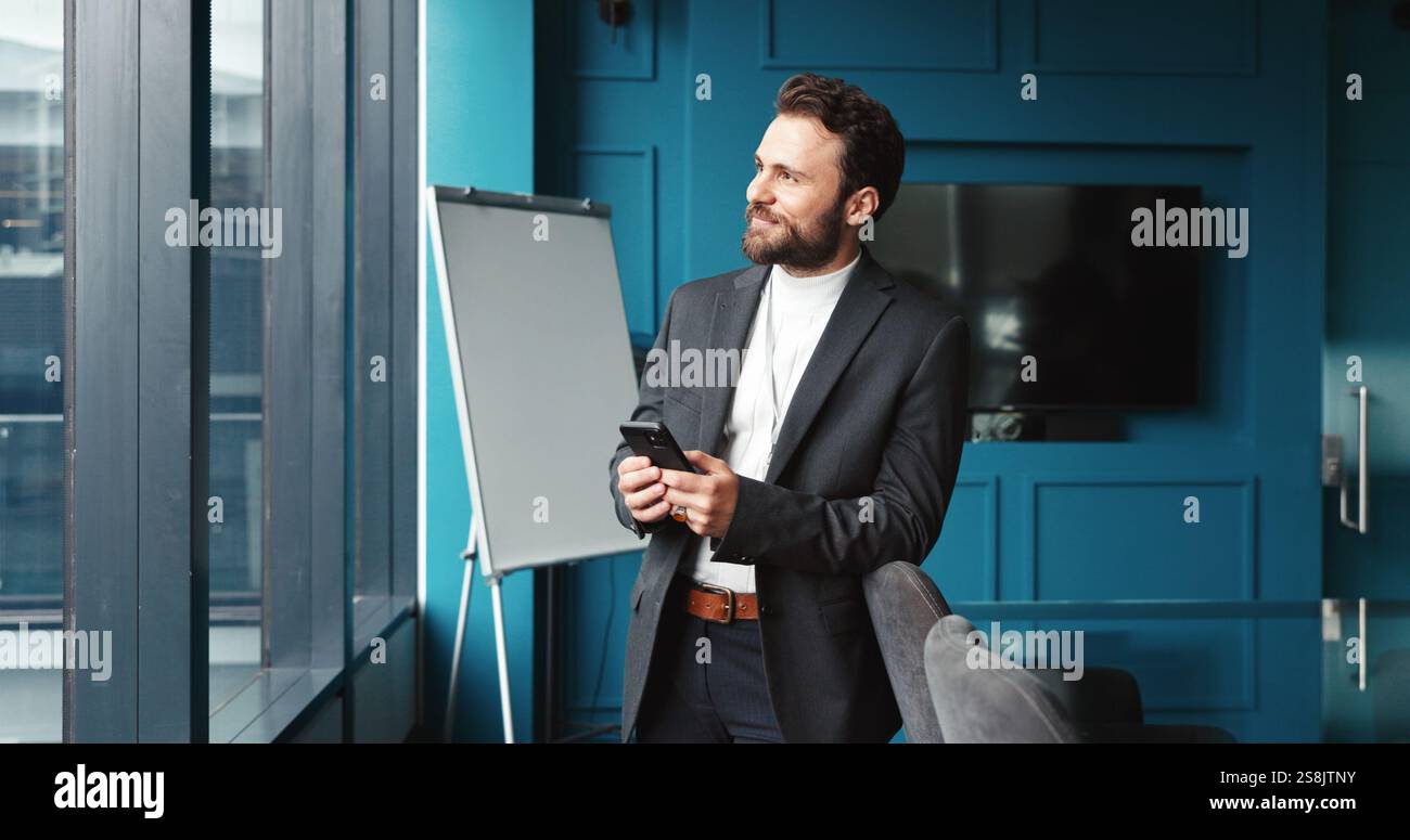 Thinking, businessman and smile with smartphone in office, news story ...