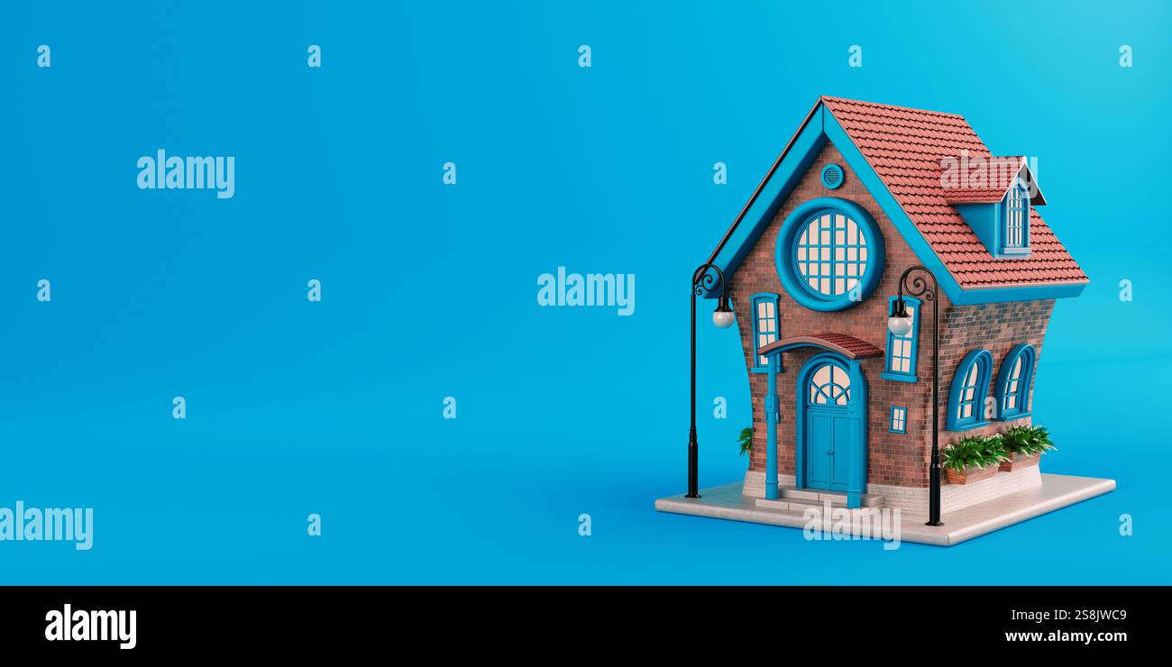 Cute Cartoon Stylized Red Brick House on a blue background. 3d ...