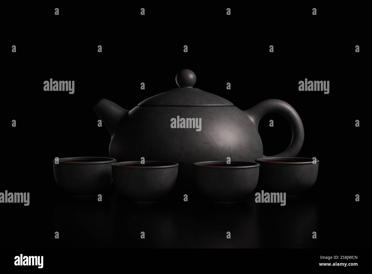 Chenese Clay Tea Set with Teapot and Cups on a black background. 3d ...