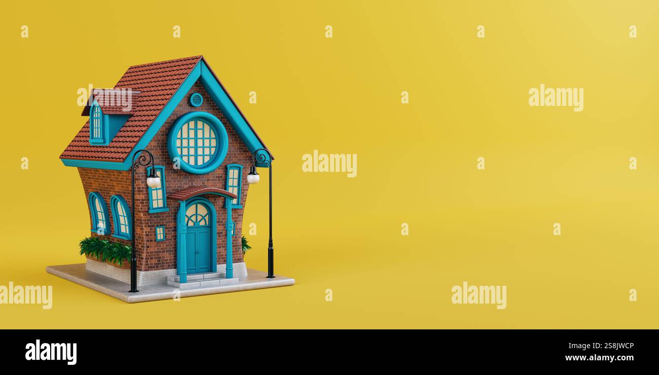 Cute Cartoon Stylized Red Brick House on a yellow background. 3d ...