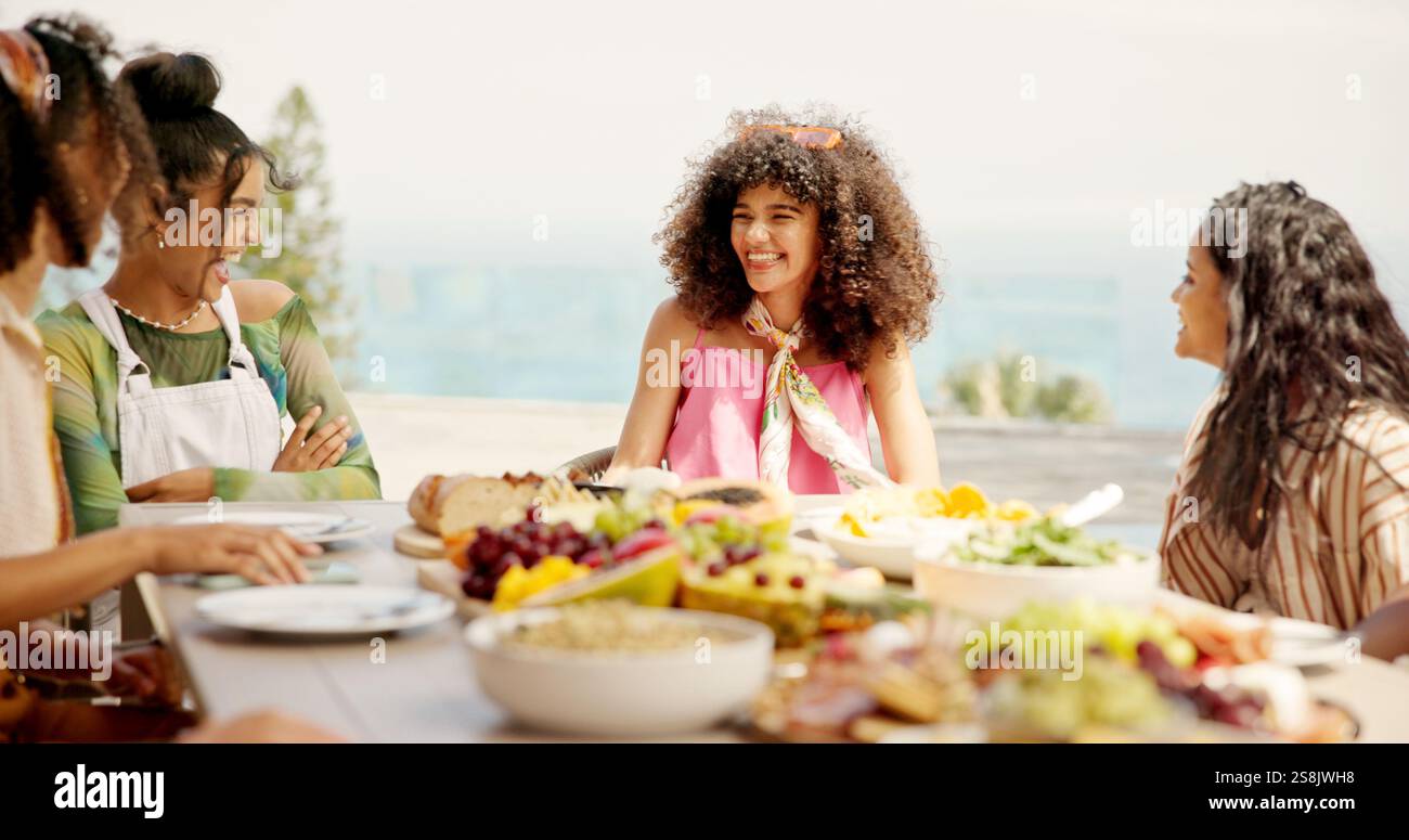 Lunch, women and friends laughing at party, celebration and joke on ...