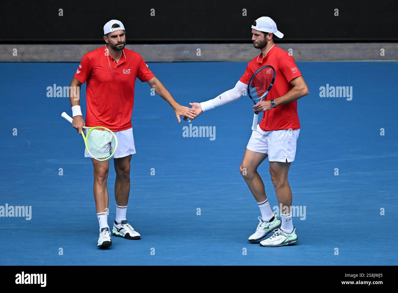 Andrea Vavassori (right) and Simone Bolelli of Italy during thier men’s doubles semi-final match ...