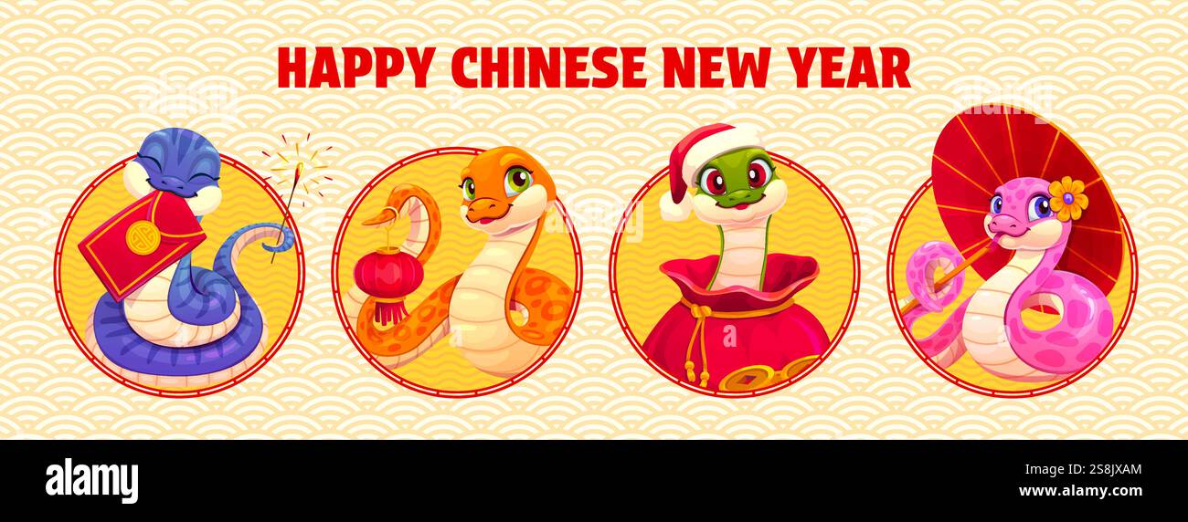 Funny snakes characters on Chinese lunar new year holiday banner ...