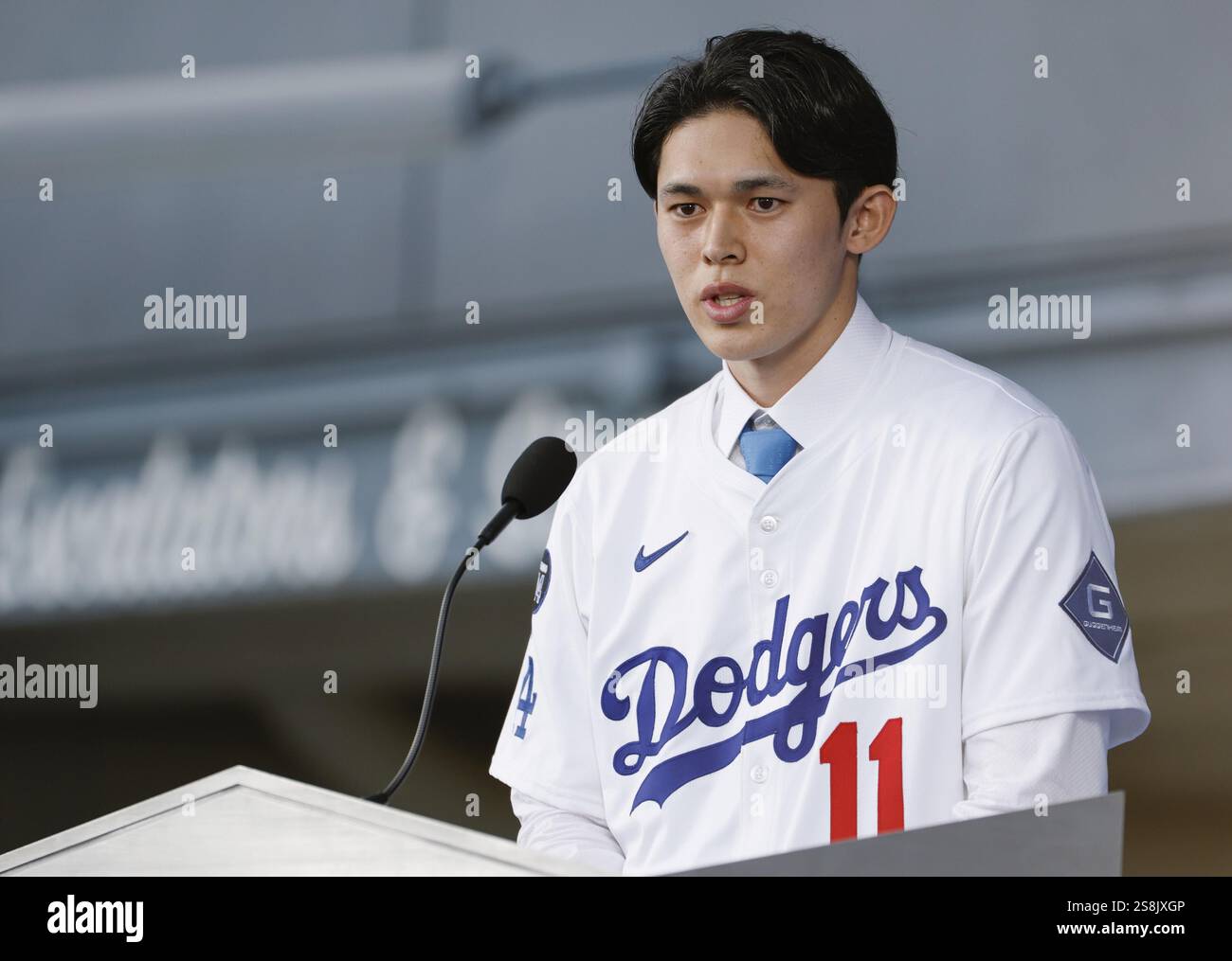 Japanese pitcher Roki Sasaki meets the press in Los Angeles on Jan. 22 ...
