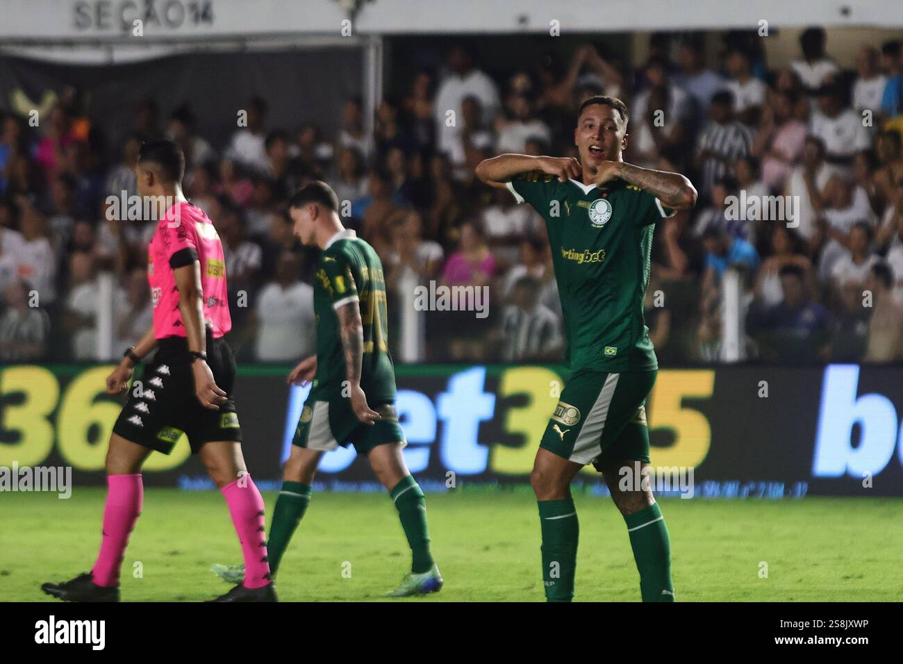 Santos, Brazil. 22nd Jan, 2025. Thalys celebrates a goal during the ...