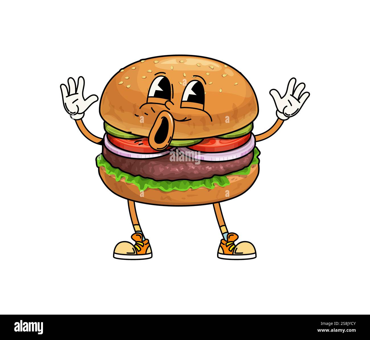 Groovy fast food burger character. Isolated cartoon vector personage ...