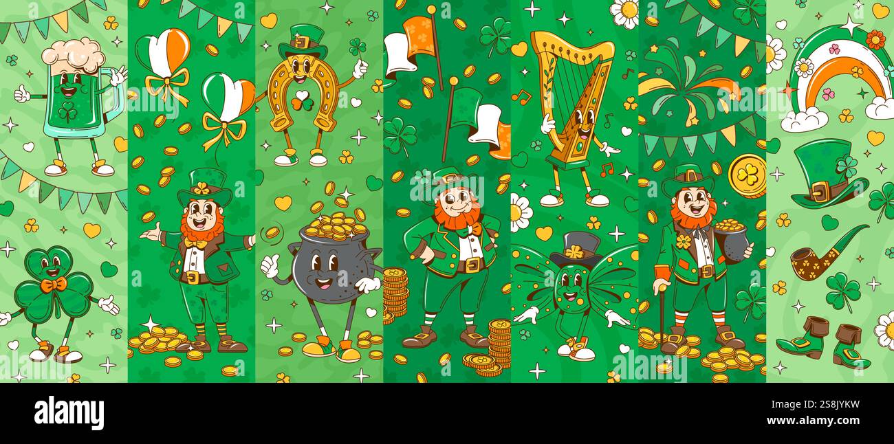 Cartoon groovy saint Patrick day characters collage featuring cheerful ...