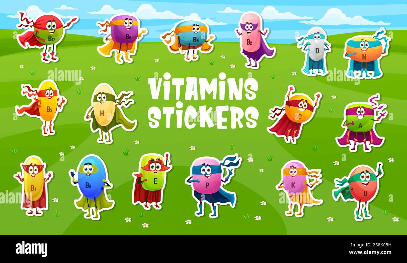 Stickers pack of superhero vitamin and micronutrient characters. Food ...