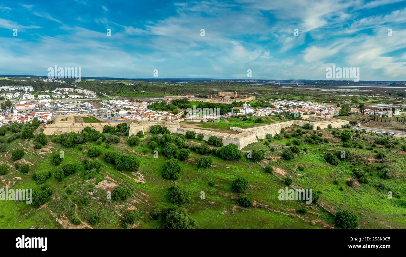 Aerial view of Castro Marim, Portuguese fortress town on the border ...
