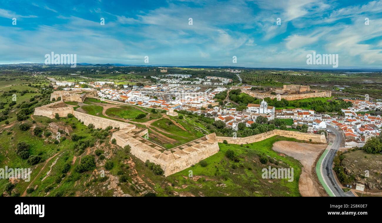 Aerial view of Castro Marim, Portuguese fortress town on the border ...