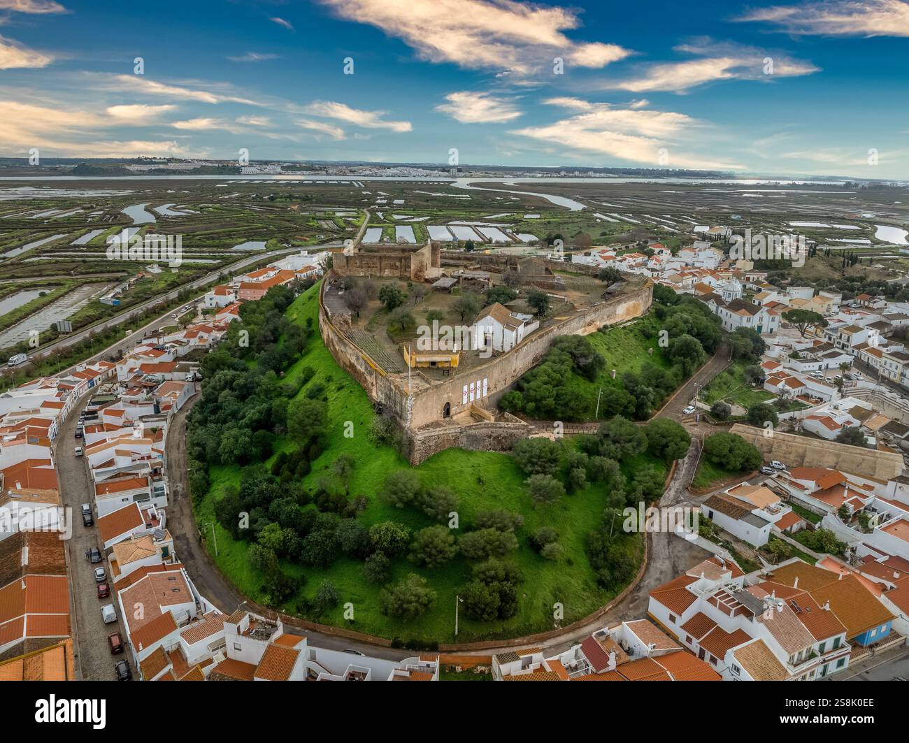 Aerial view of the Castle of Castro Marim with square keep on a hilltop ...