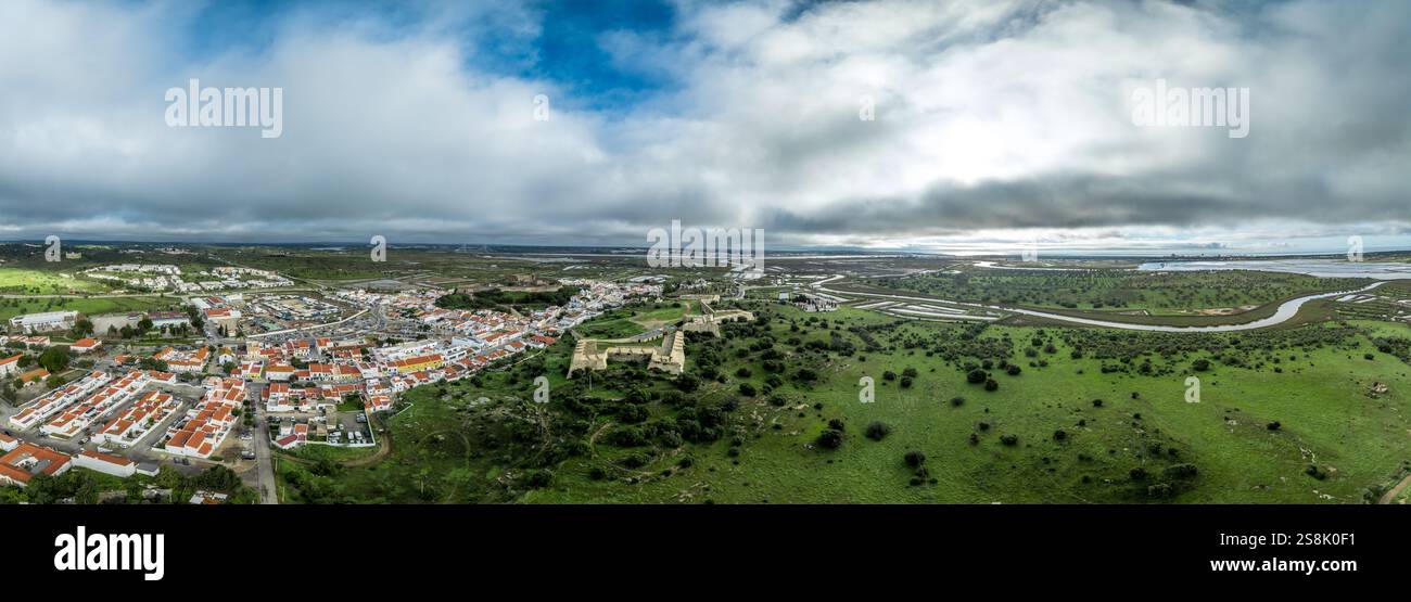 Aerial view of Castro Marim, Portuguese fortress town on the border ...