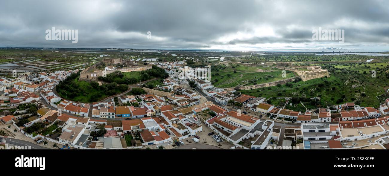 Aerial view of Castro Marim, Portuguese fortress town on the border ...