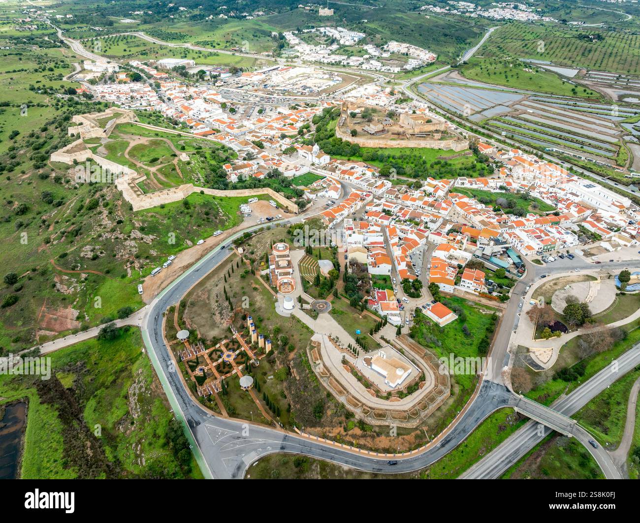 Aerial view of Castro Marim, Portuguese fortress town on the border ...